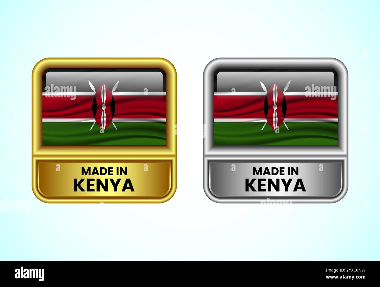 Made in Kenya label icon in gold and silver color. Flag icon set for ...