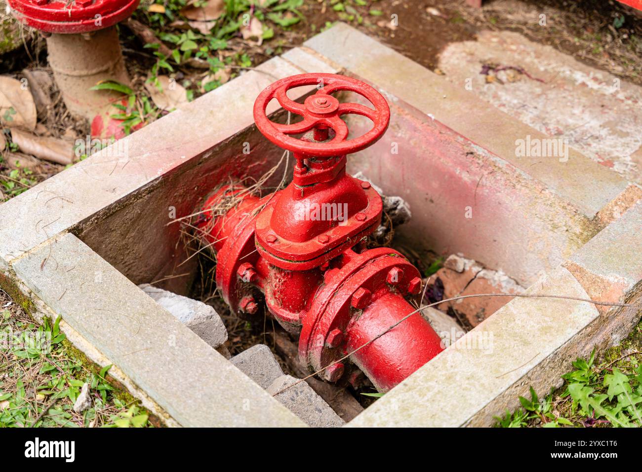 Red hydrant fire detail prevention system at fun land Stock Photo - Alamy