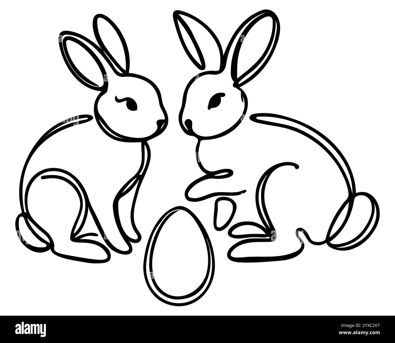 Easter Bunny continuous one line drawing. Easter border with eggs and ...