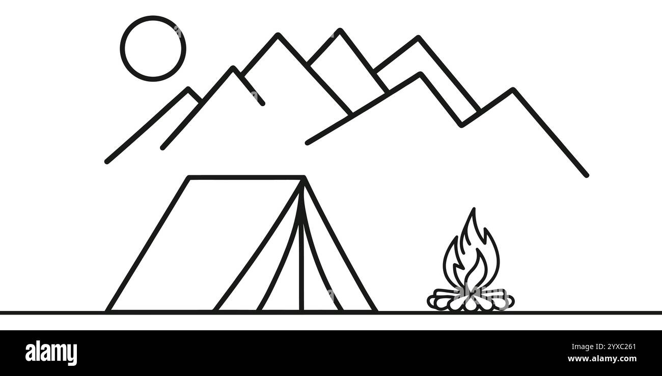 Continuous one line drawing of tent camping in outdoor. Canvas tent ...
