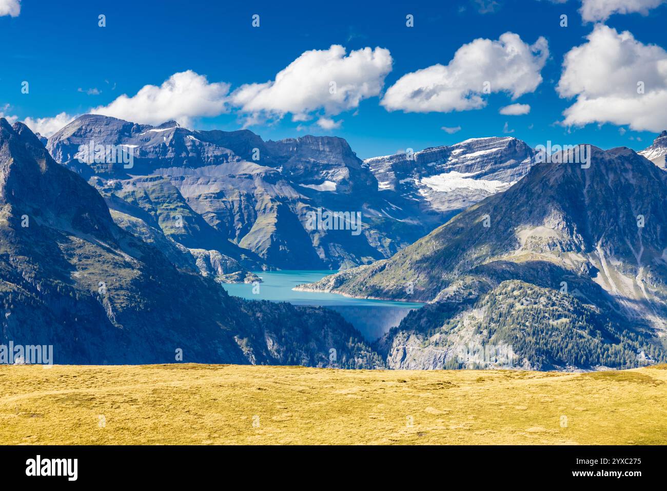 Alps scenic landscape on Tour du Montblanc. Rocky and snow summit peaks ...