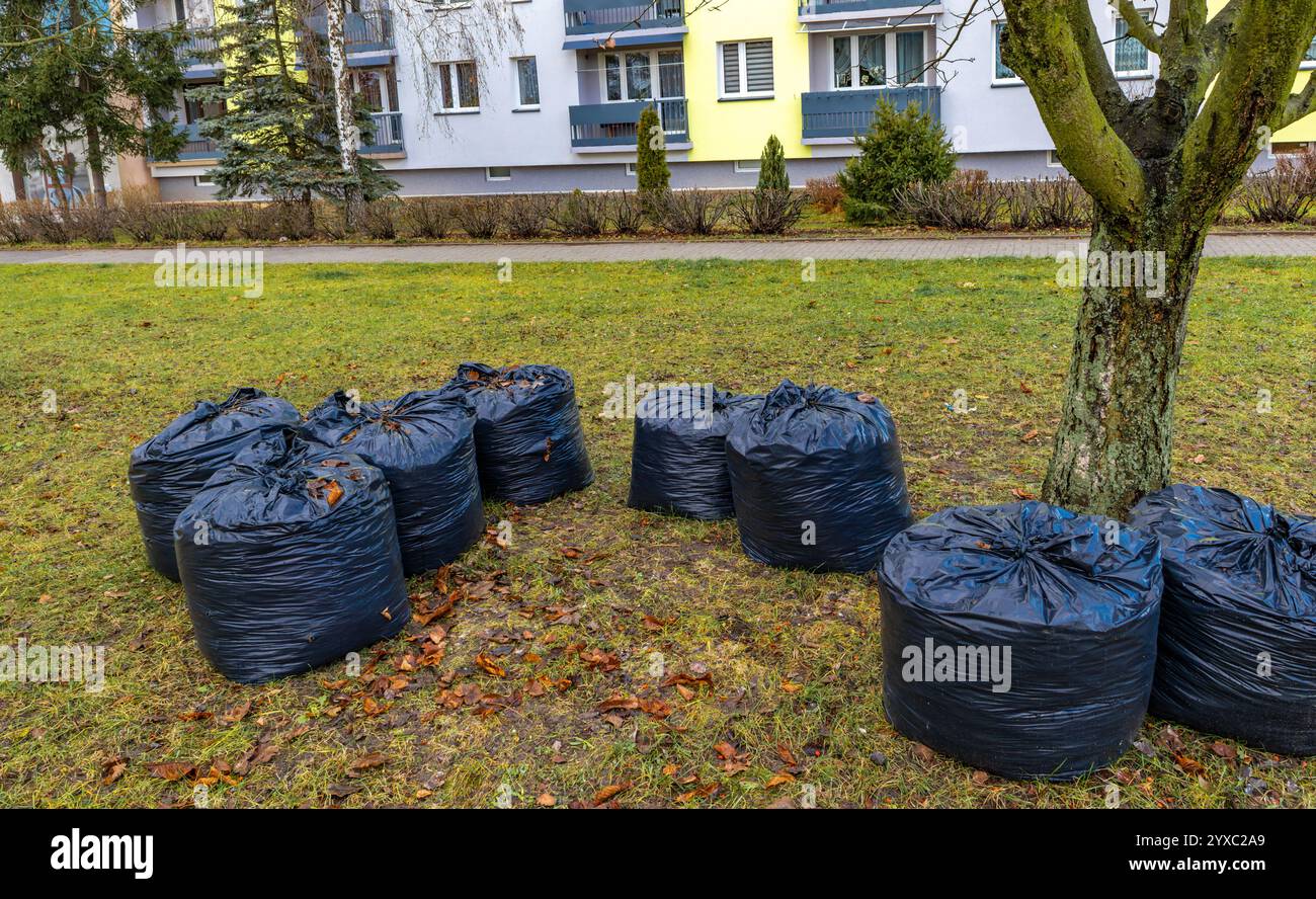 Black bags of garbage thrown outside an apartment block, bags with mown ...