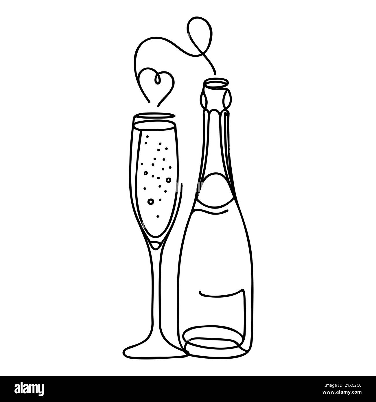 Continuous one line drawing of champagne bottle and glasses. Concept of ...