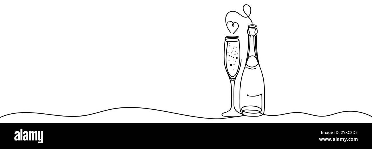 Continuous one line drawing of champagne bottle and glasses. Concept of ...