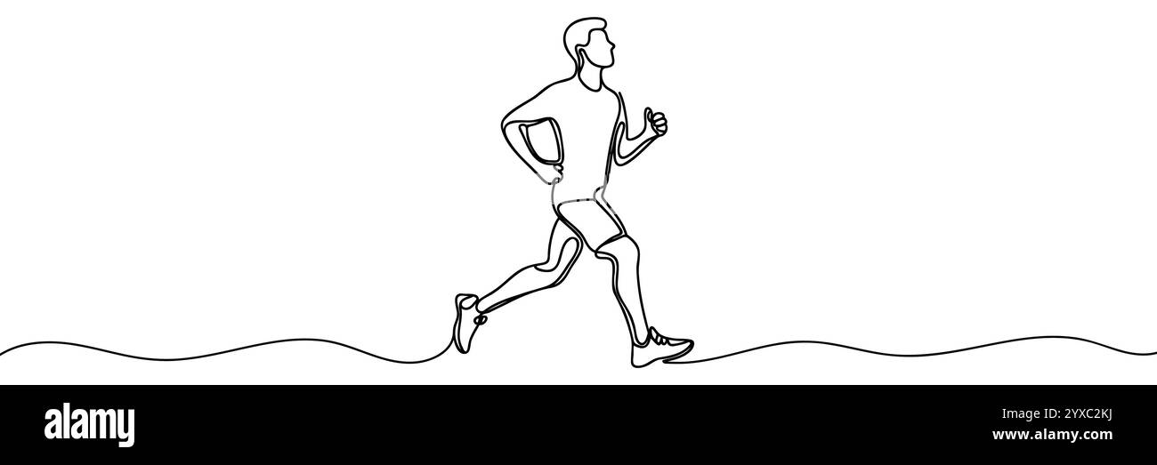 One continuous line drawing of young sporty runner man relax running at ...