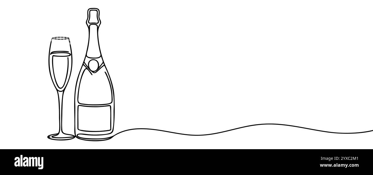 Continuous one line drawing of champagne bottle and glasses. Concept of ...