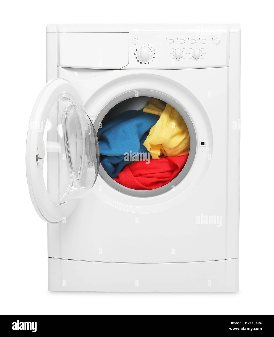 Modern washing machine with clothes in drum isolated on white Stock ...