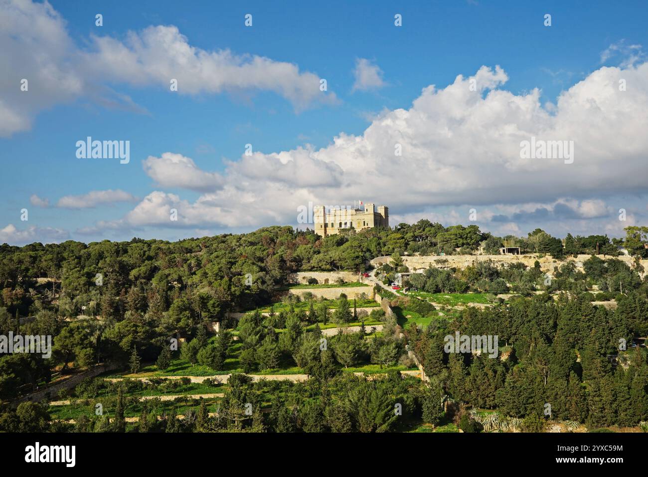 Verdala Palace is surrounded by lush Buskett Gardens in Malta under ...