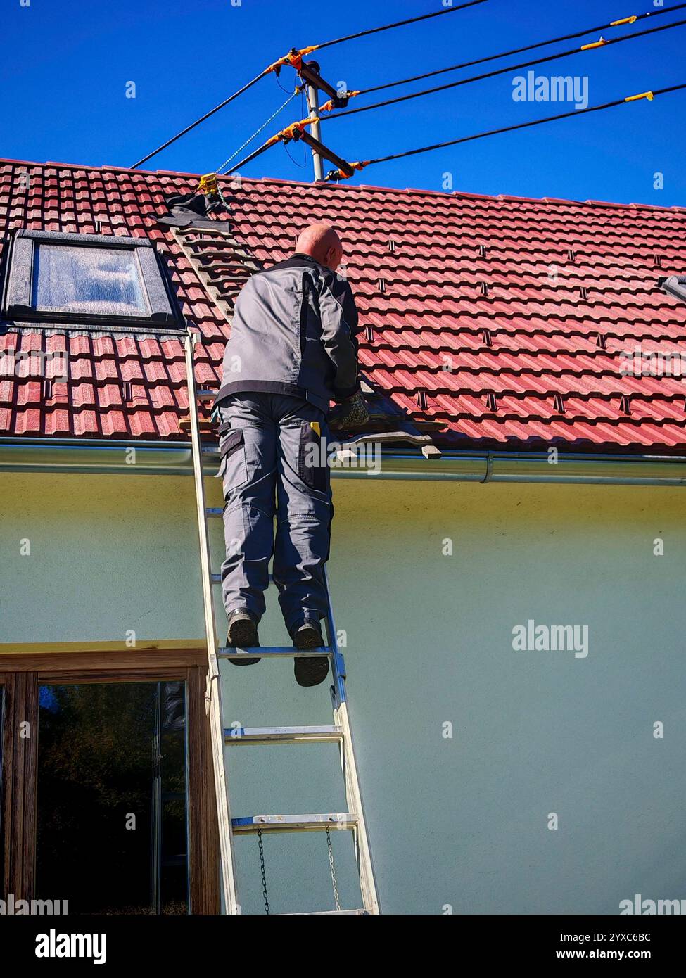 construction worker at topping out or roofing ceremony, when finishing ...