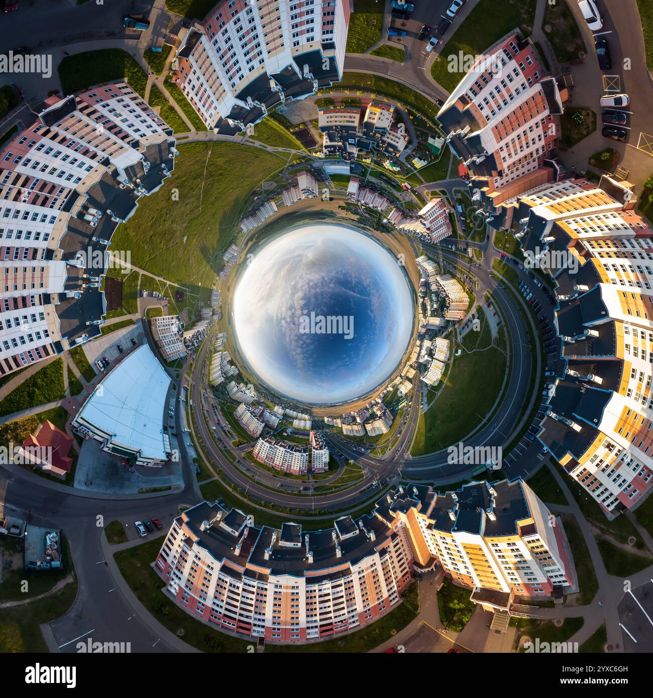 blue sphere inside overlooking old town, urban development, historic buildings and crossroads ...