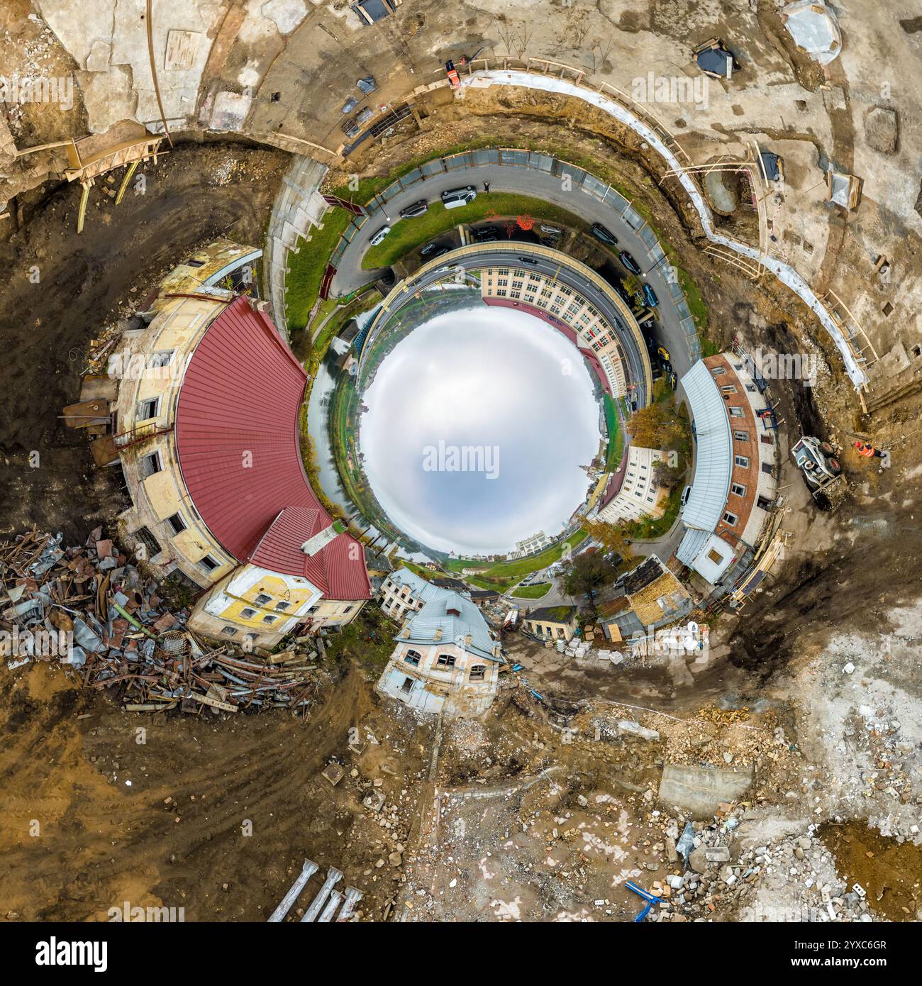 blue sphere inside overlooking old town, urban development, historic buildings and crossroads ...