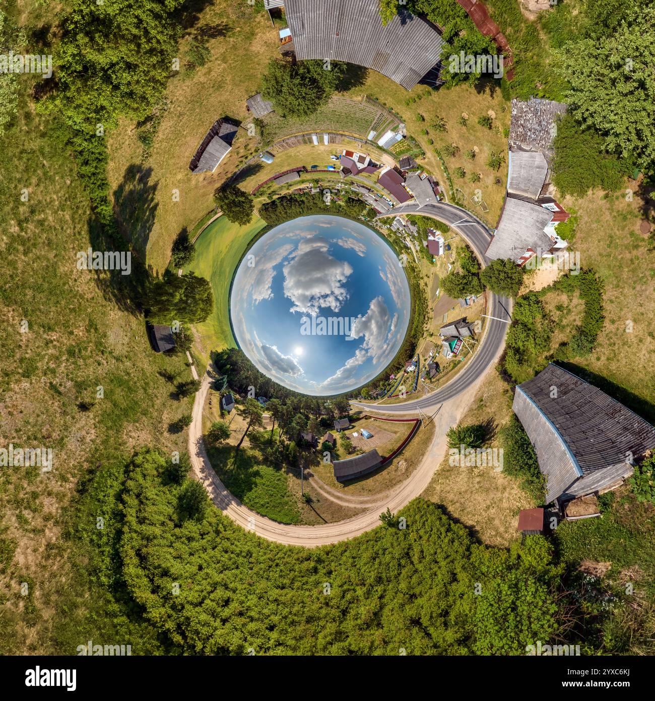 blue sphere inside overlooking old town, urban development, historic buildings and crossroads ...