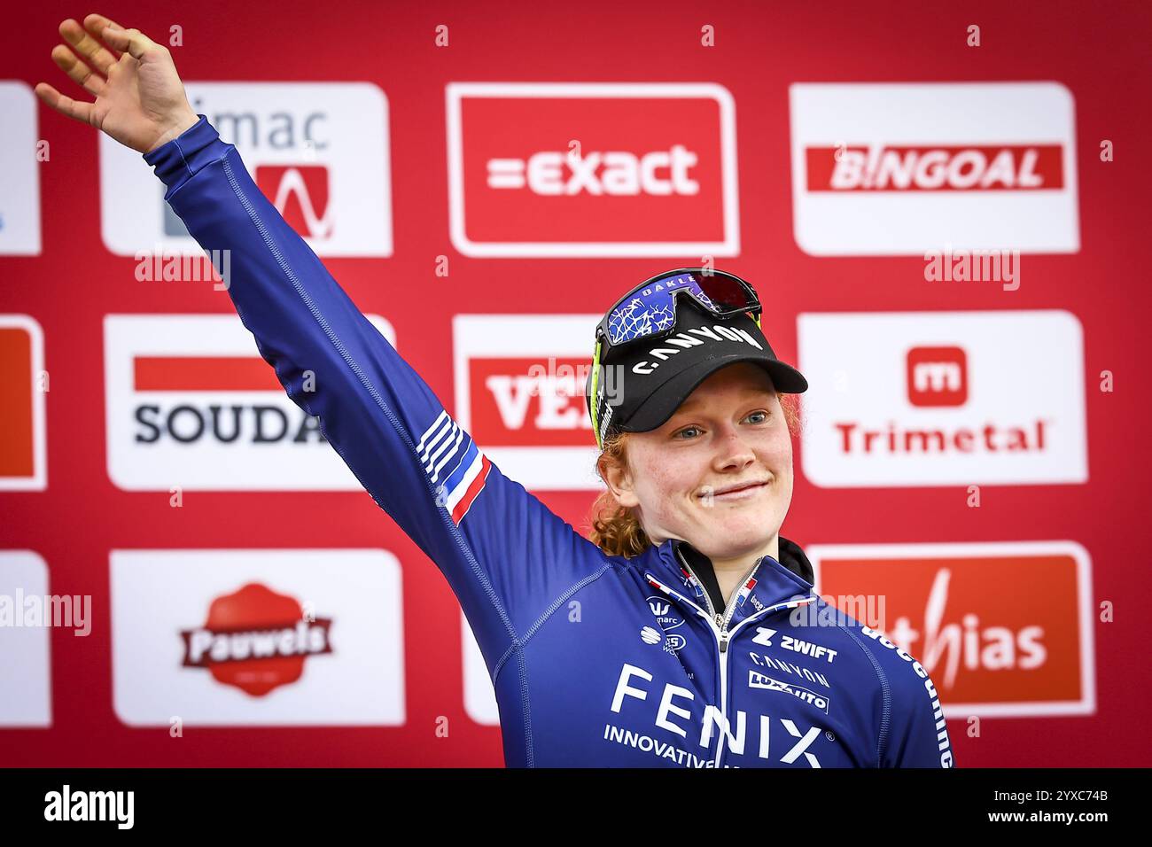 Dutch Puck Pieterse pictured on the podium after the women's elite race ...