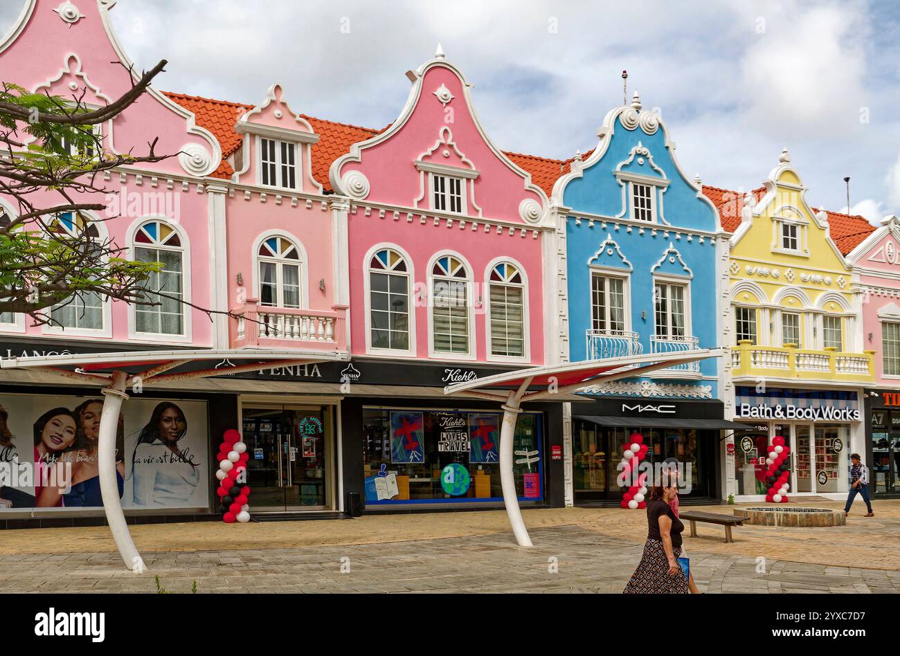 Plaza Daniel Leo, historic, pastel buildings, businesses, shops ...