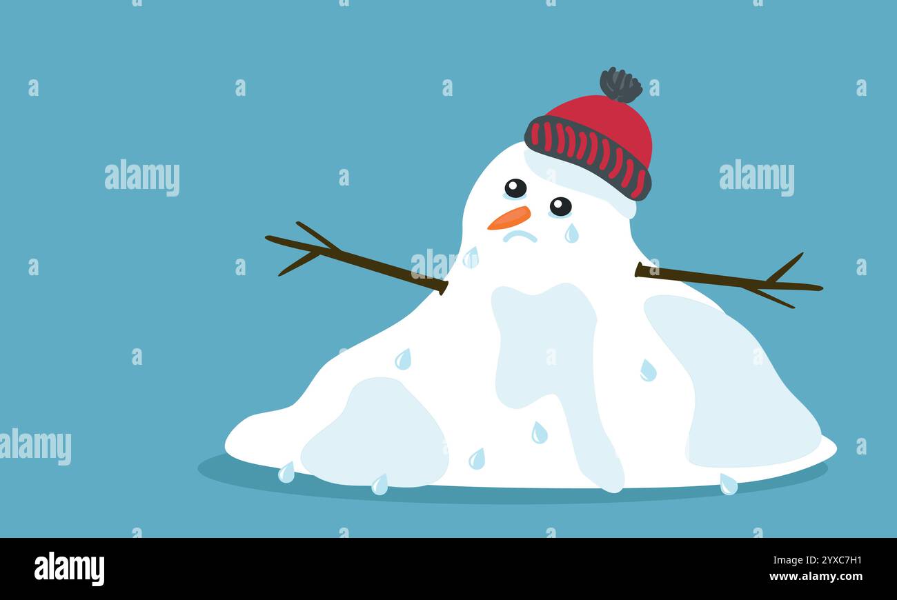 Cuite sad melting snowman with red cap and tears in flat cartoon style ...