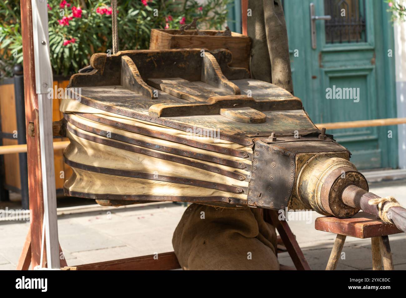 Old vintage wooden blacksmith bellows in workshop setting Stock Photo ...