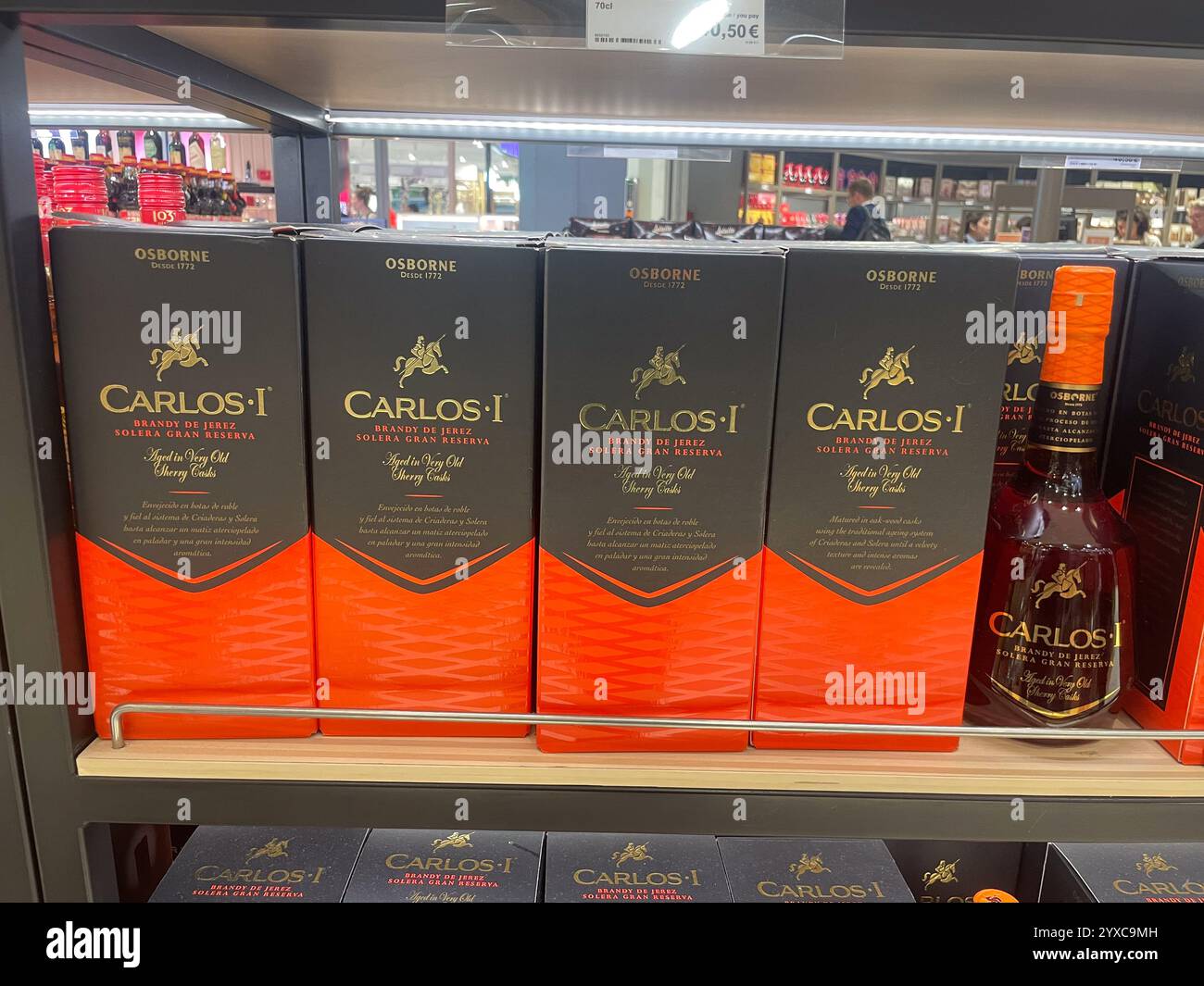 Boxes of "Carlos I" Brandy de Jerez Solera Gran Reserva, labeled as ...