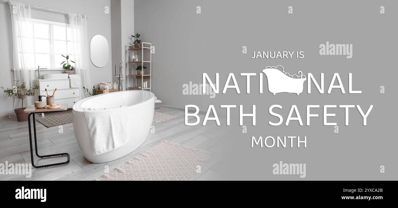 Banner for National Bath Safety Month with modern interior of bathroom ...