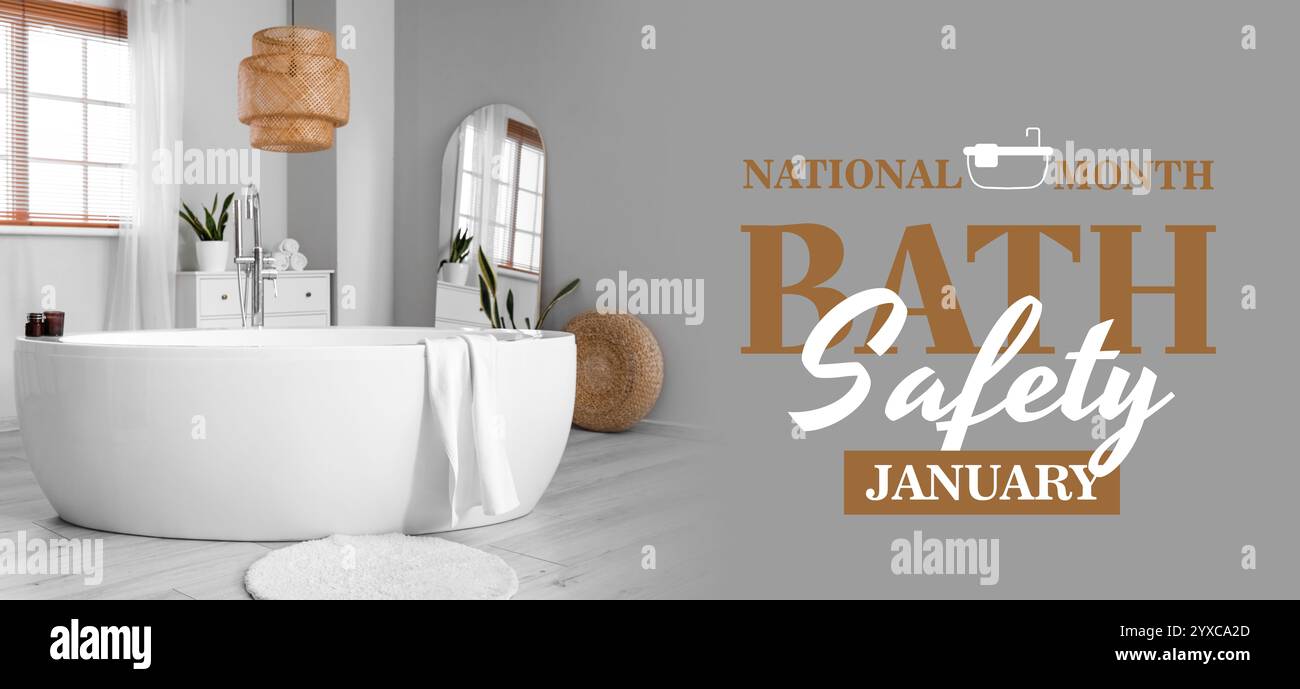 Banner for National Bath Safety Month with modern interior of bathroom ...