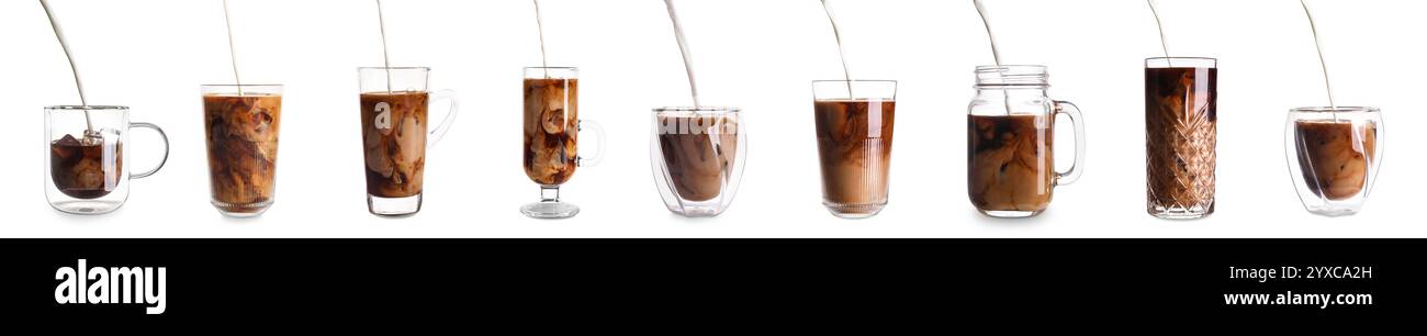 Set of glassware with tasty iced coffee on white background Stock Photo ...