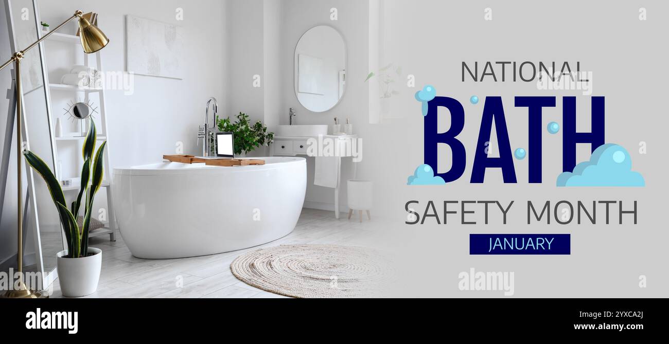 Banner for National Bath Safety Month with modern interior of bathroom ...