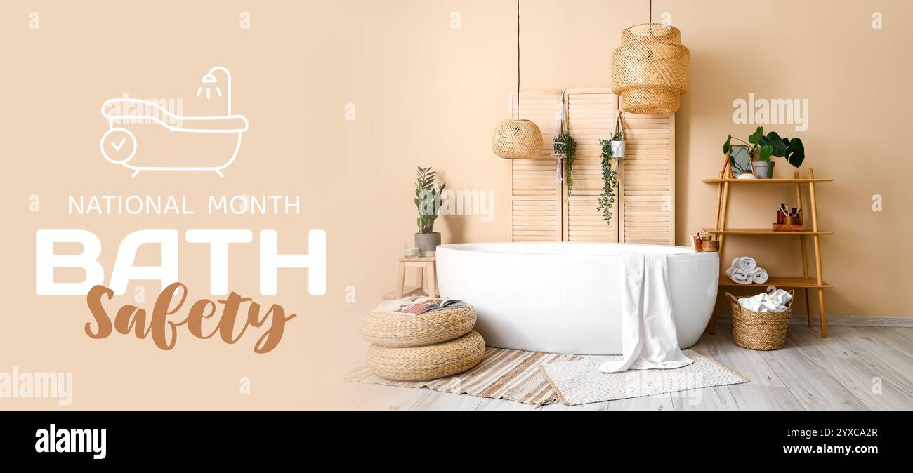 Banner for National Bath Safety Month with modern interior of bathroom ...