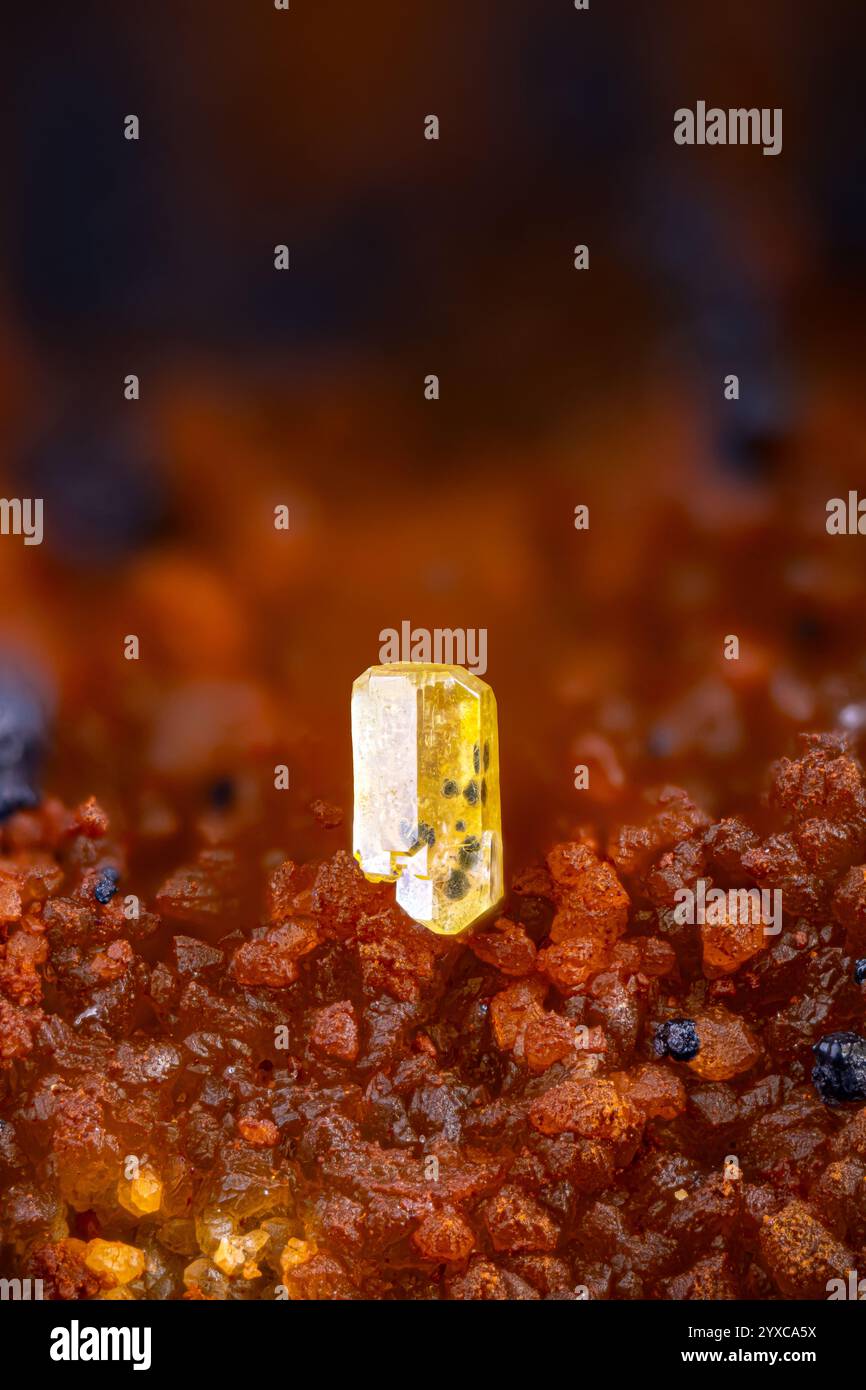 Mimetite with black goethite inclusion on red oxided quartz. Specimen ...