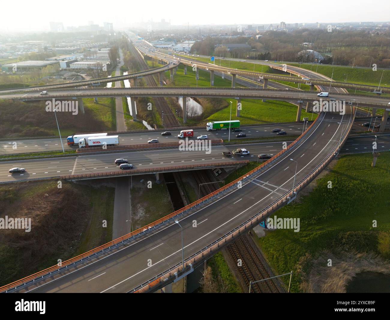 Aerial view of a cloverleaf interchange highway, The Haque, The ...