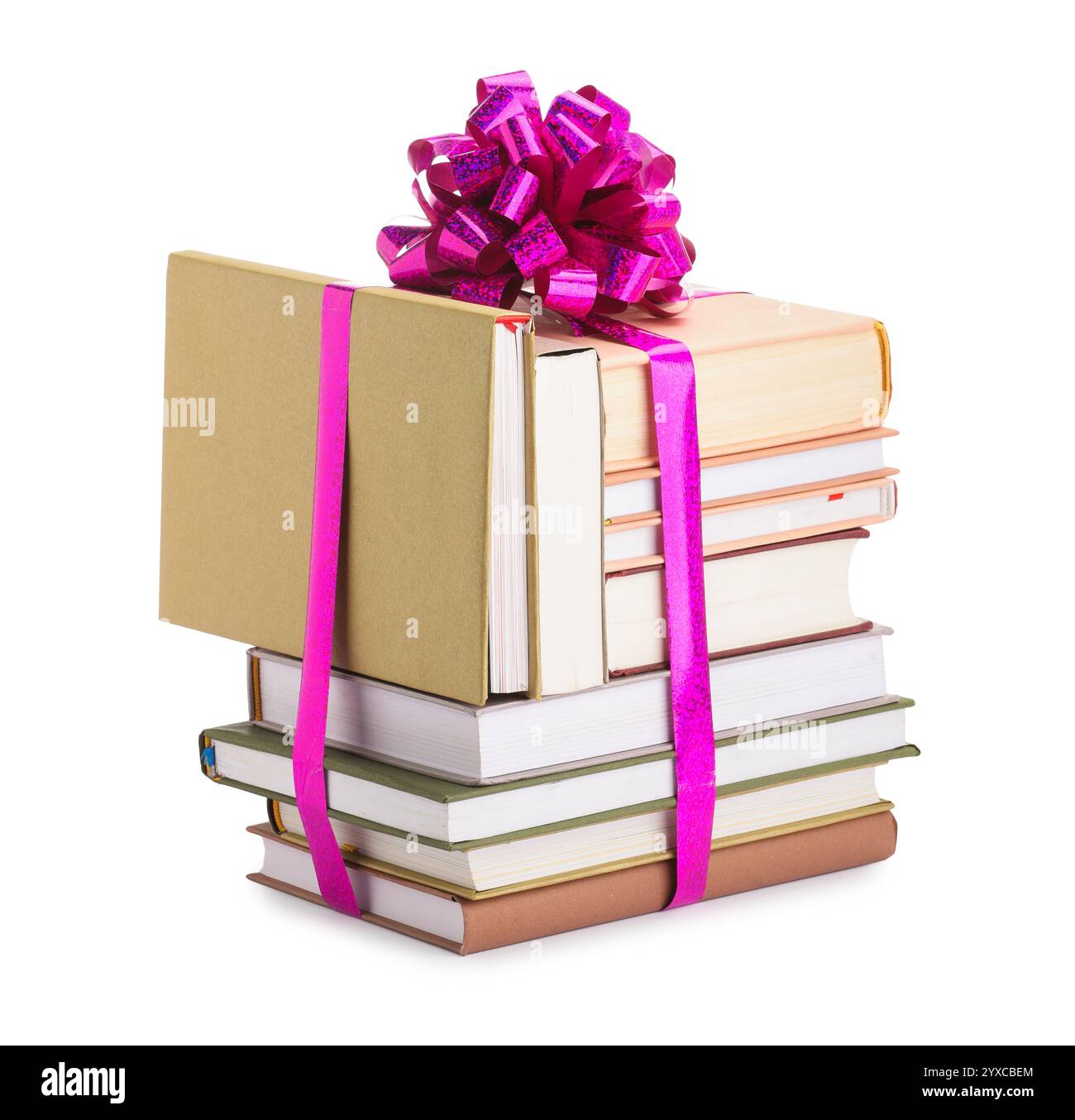Stack of books with purple bow as gift isolated on white Stock Photo ...