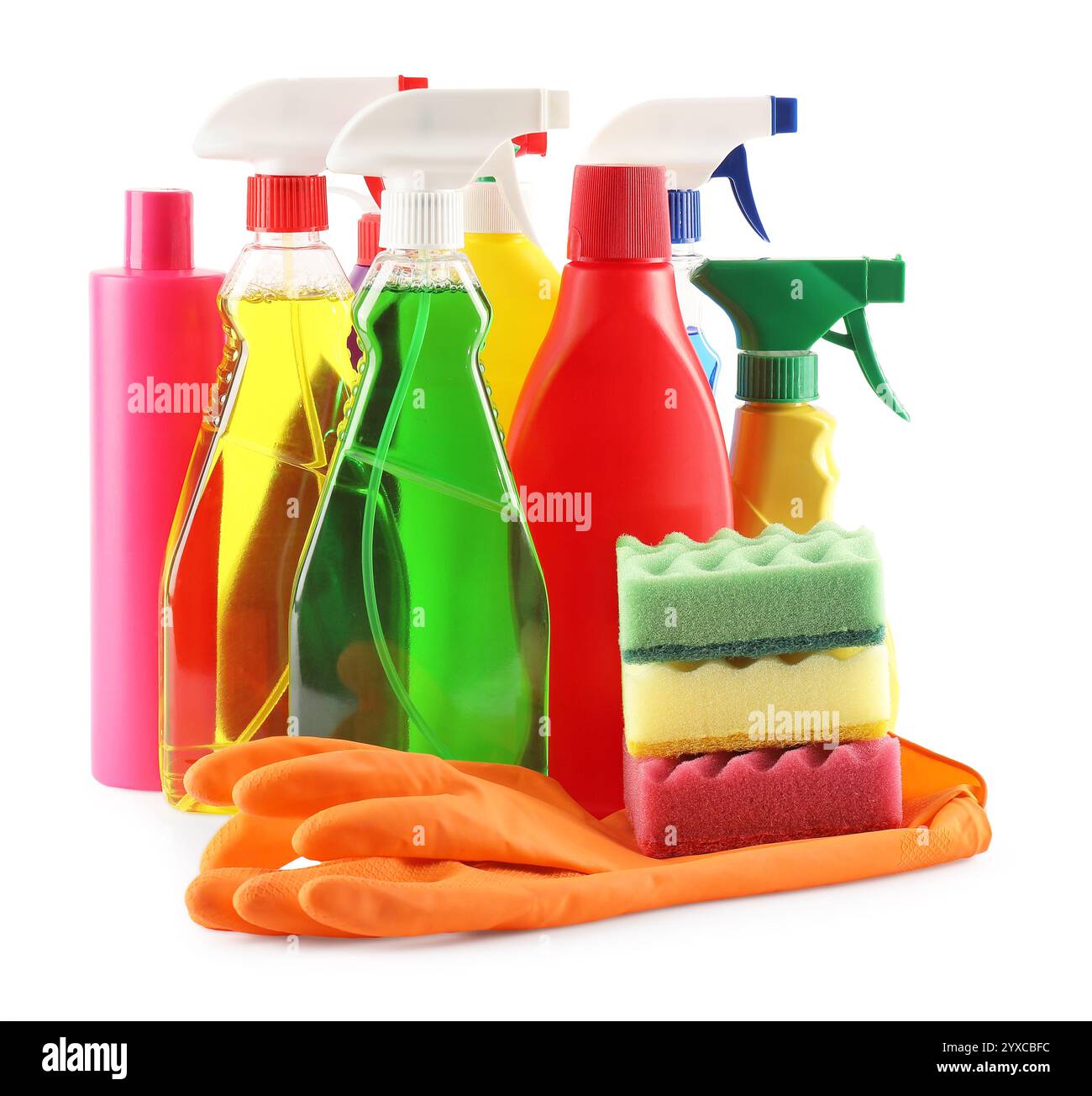 Set of different cleaning products isolated on white Stock Photo - Alamy