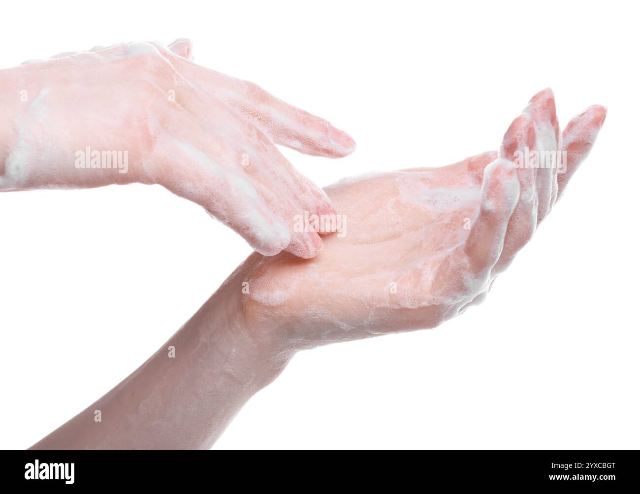 Woman washing hands with cleansing foam on white background, closeup ...