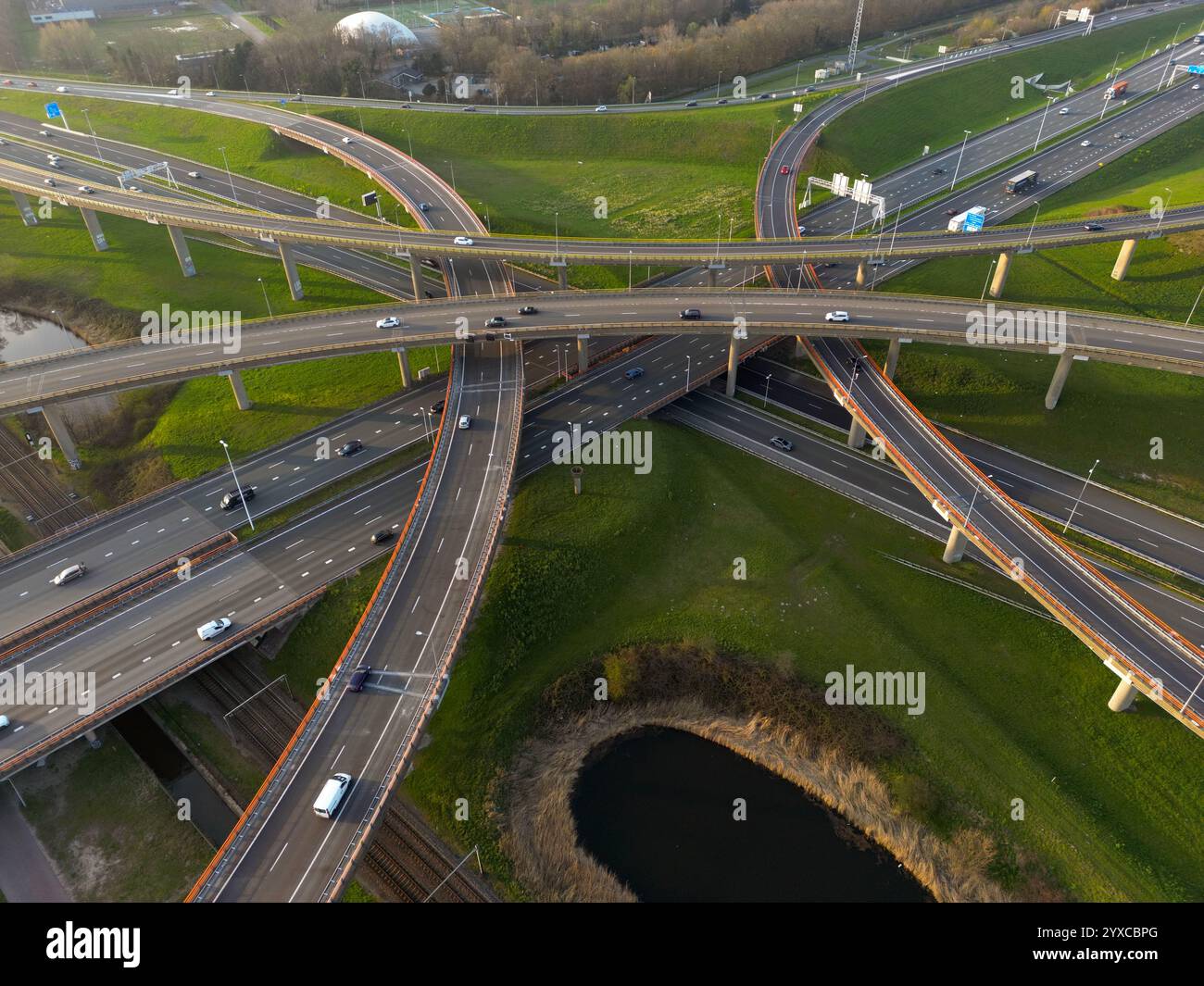 Aerial view of a cloverleaf interchange highway, The Haque, The ...