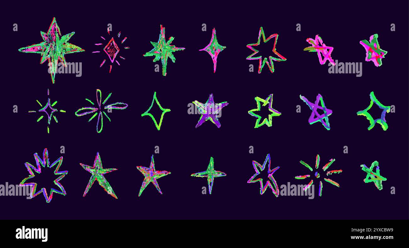 Set of colorful neon chalk drawing stars. Shine or sparkle doodle ...