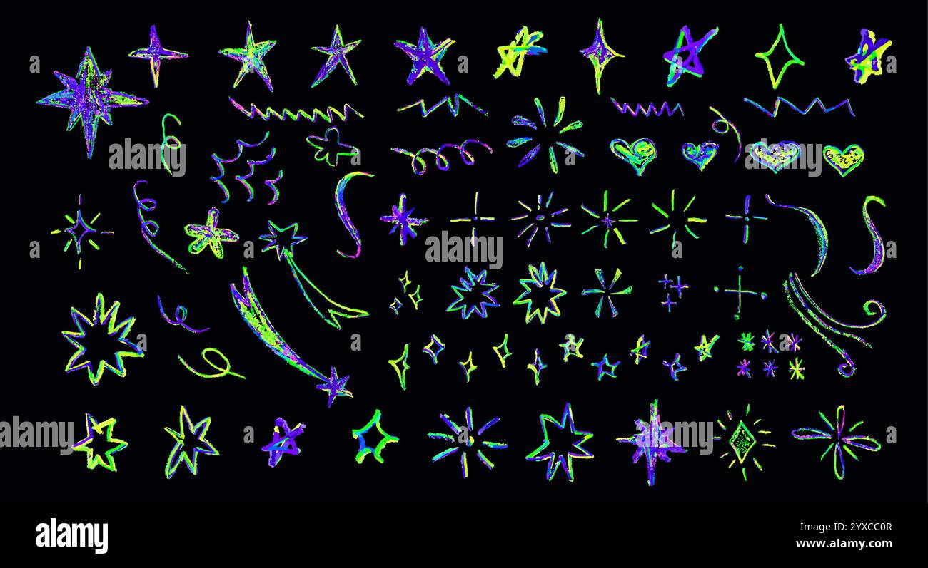 Set of colorful neon chalk drawing elements. Shine or sparkle, hearts ...