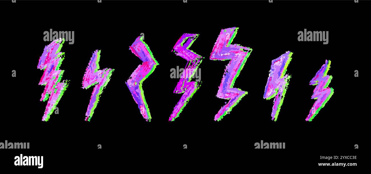Set of lightning by wax pencil drawing. Collection of handdrawing chalk ...