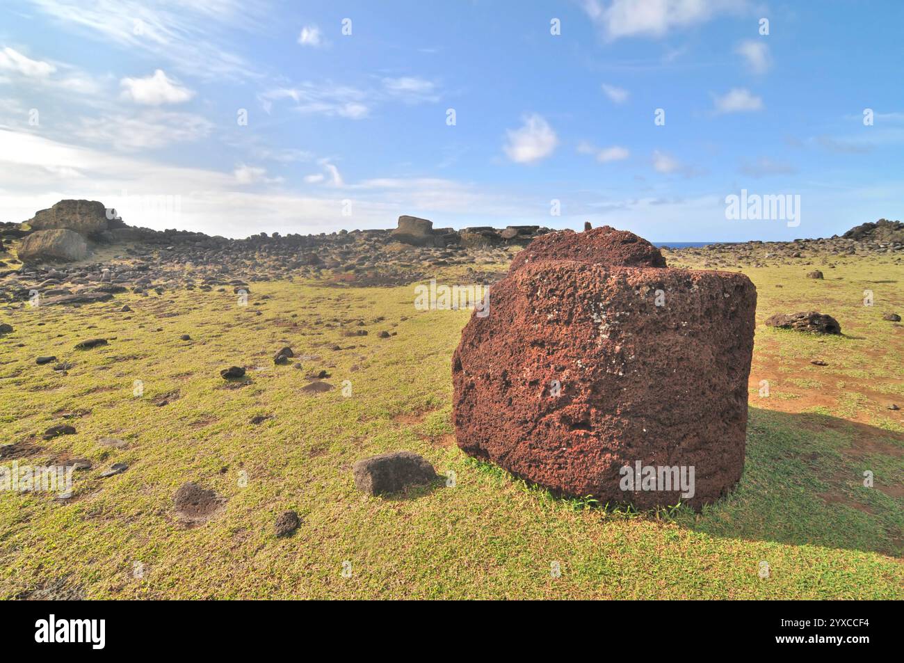 The fallen Moai giants of Akahanga on Eastern Island, Chile Stock Photo ...