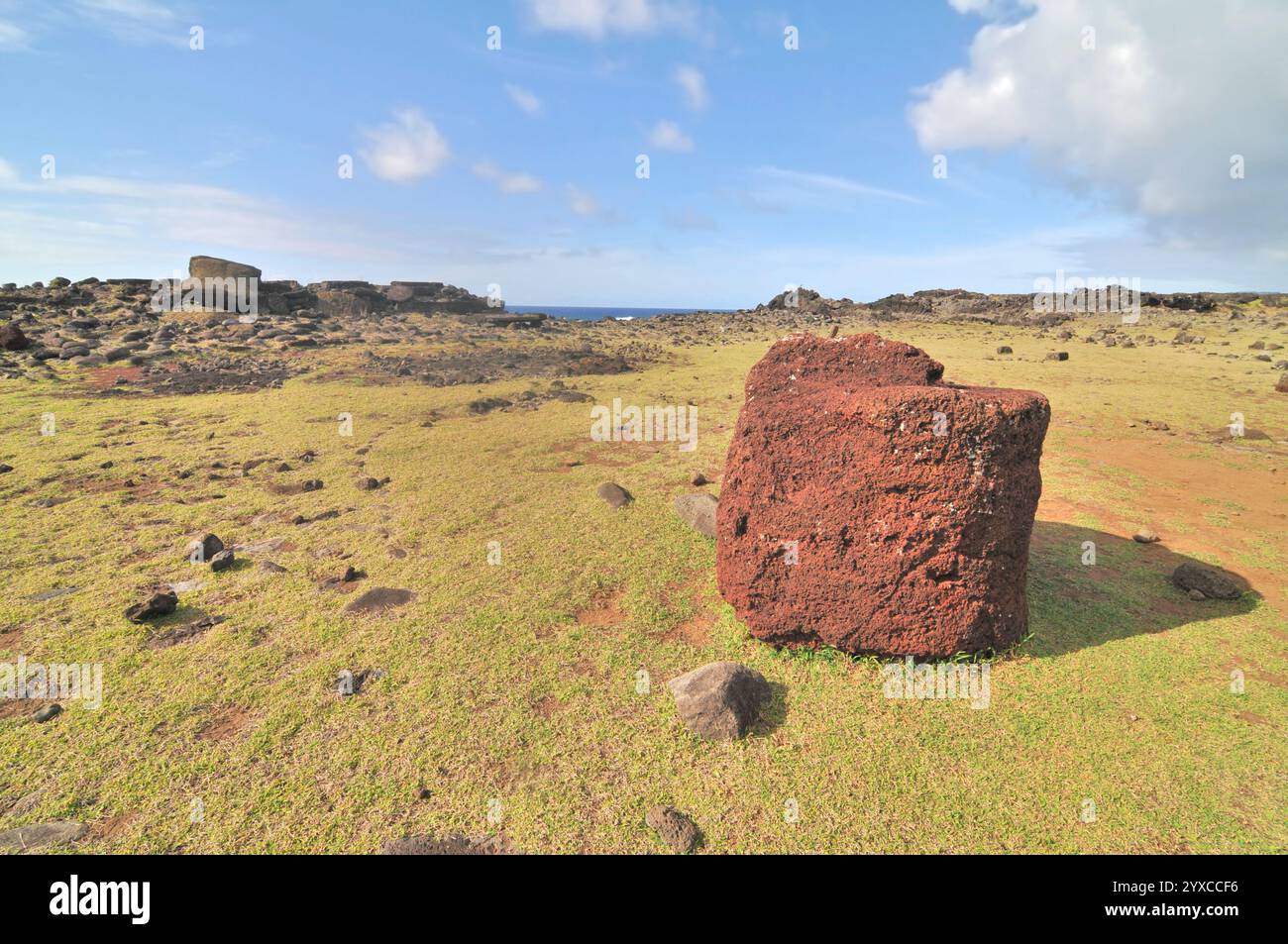 The fallen Moai giants of Akahanga on Eastern Island, Chile Stock Photo ...