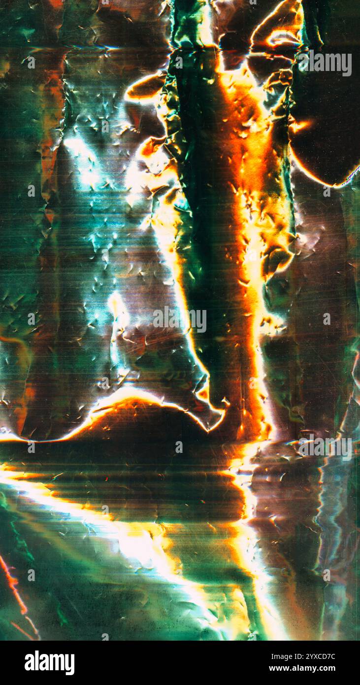 Damaged foil texture. Aged film overlay. Green orange white color stain ...