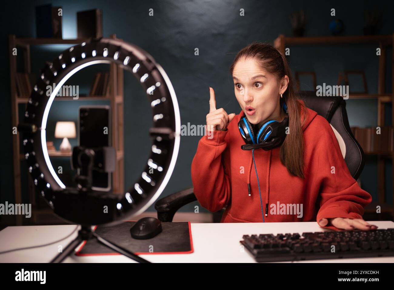 Gamer streamer woman showing gesture great idea live streaming using ...