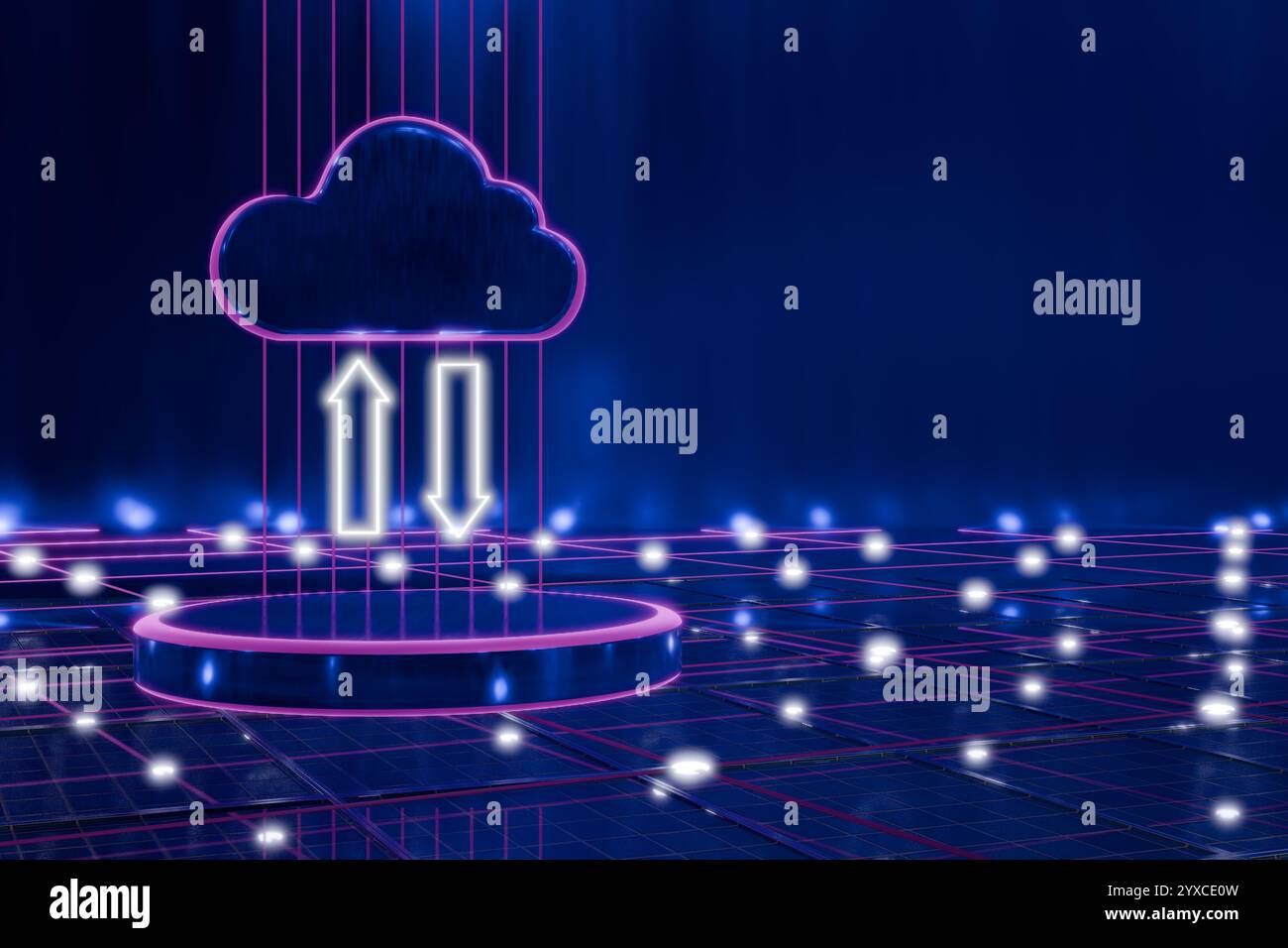Digital cloud icon with upload and download arrows on a futuristic blue background. 3d rendering ...
