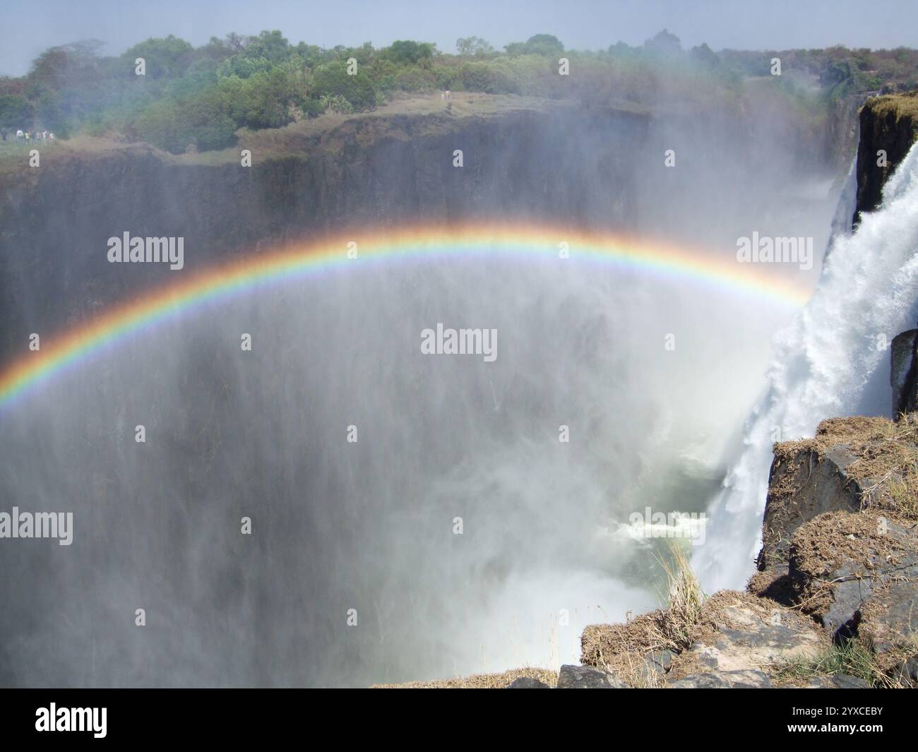 Rainbow in water spray looking over the edge of Victoria Falls ...