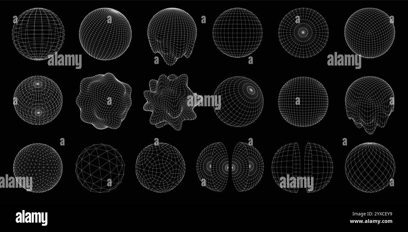 Wireframe 3D sphere mesh grid. Digital ball, abstract circle, distorted ...