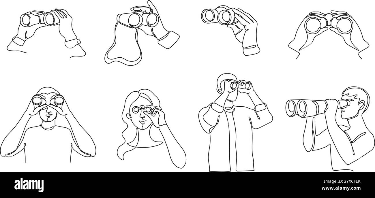 Looking through binocular. Observer hands and people holding binoculars ...
