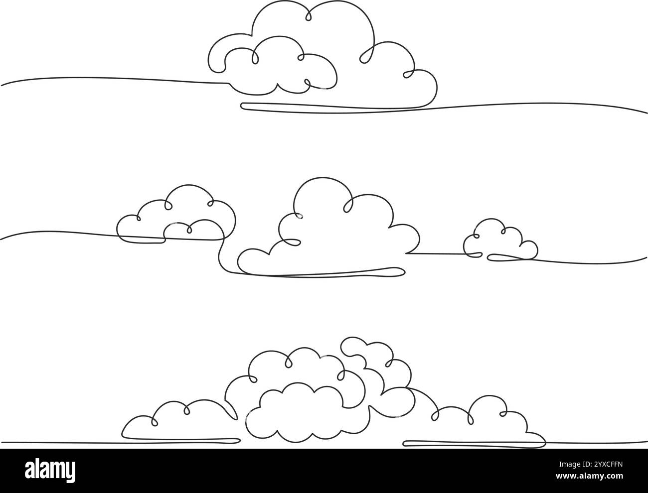 Continuous one line clouds. Minimalist linear fluffy cloud, simple nimbus and decorative sky ...