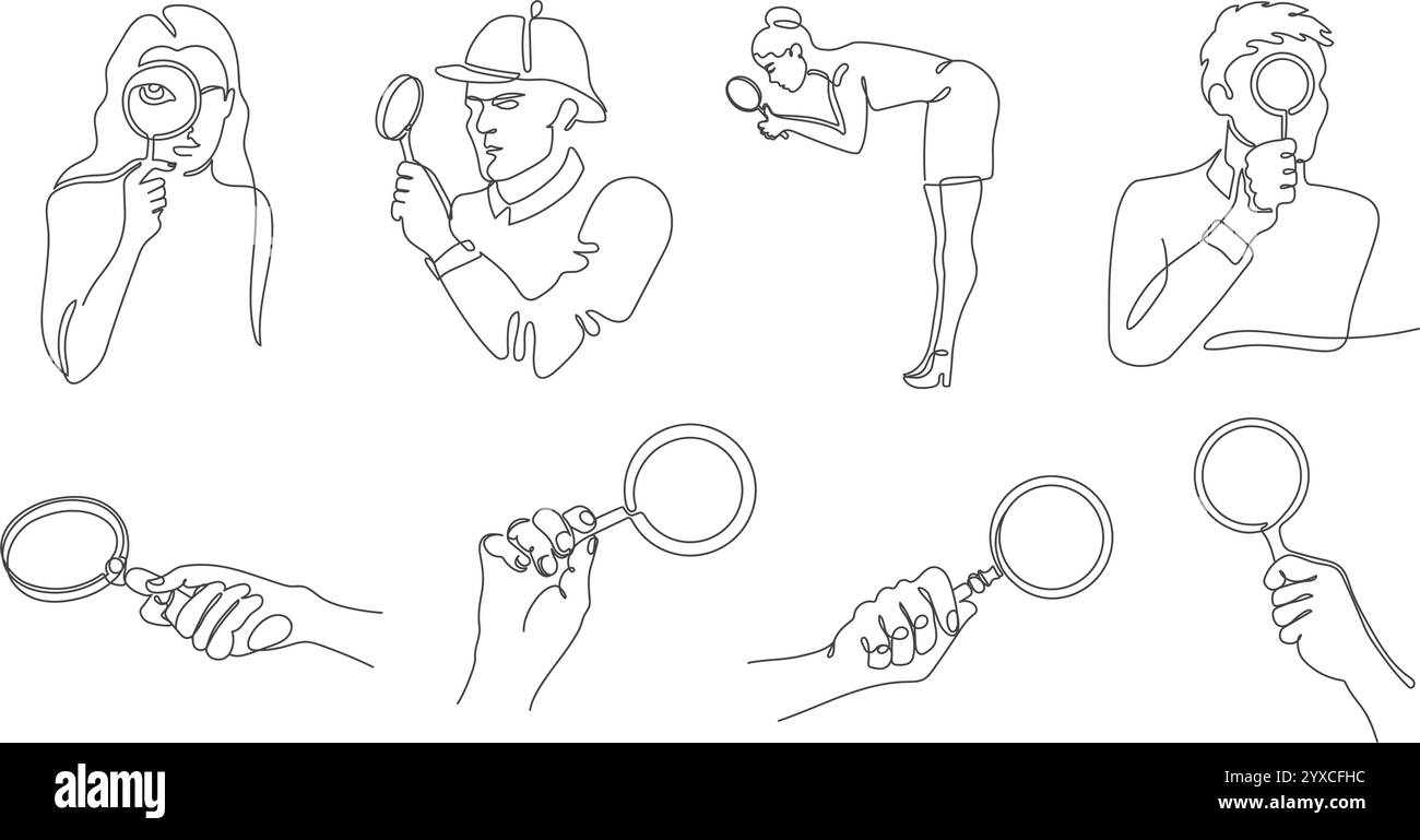 Linear looking through magnifying glass. Minimalist continuous one line ...