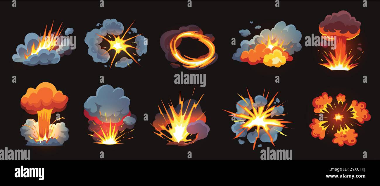 Cartoon explosion effects. Fire burst with dynamic smoke clouds, glowing sparks and fiery blasts ...