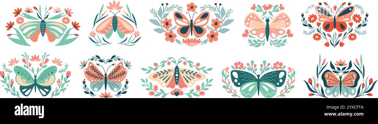 Abstract floral butterflies compositions. Symmetrical butterfly motifs ...