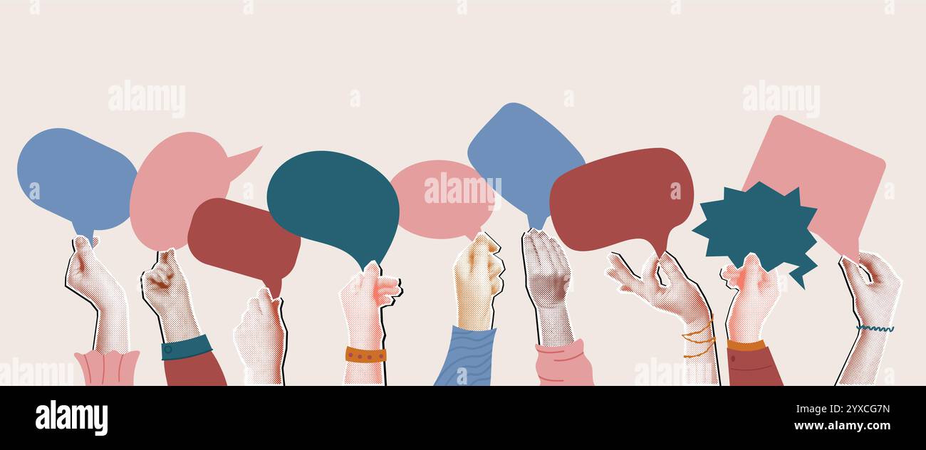 Community opinions collage. Raised hands holding speech bubbles ...