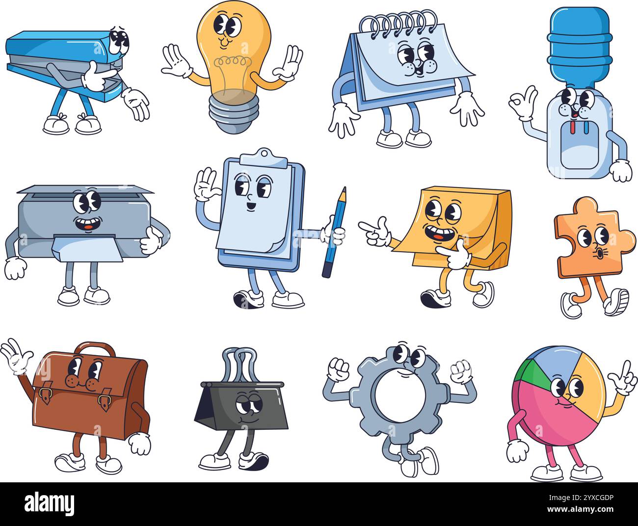 Retro cartoon office characters. Playful stapler, idea lamp, calendar ...