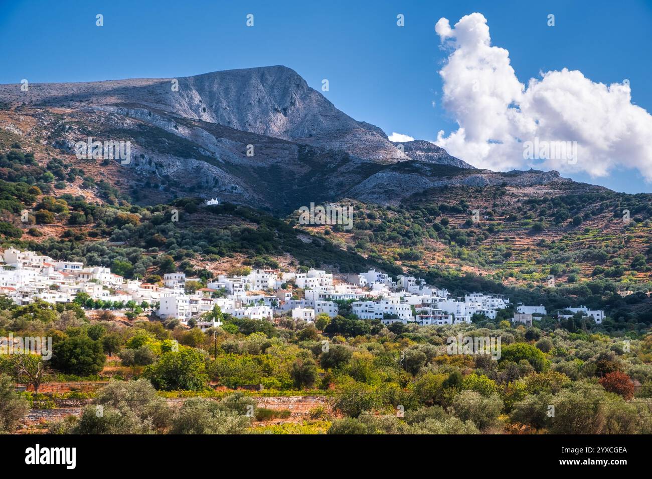 Colorful landscape view of mountains and traditional Greek village ...